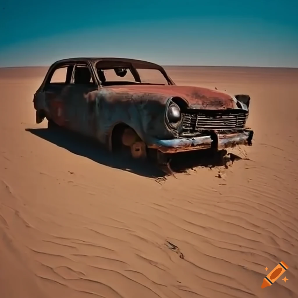 Neglected car in the desert under a scorching sun on Craiyon
