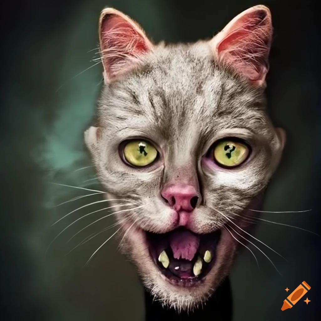 Surrealist style cat with a grotesque facial expression on Craiyon