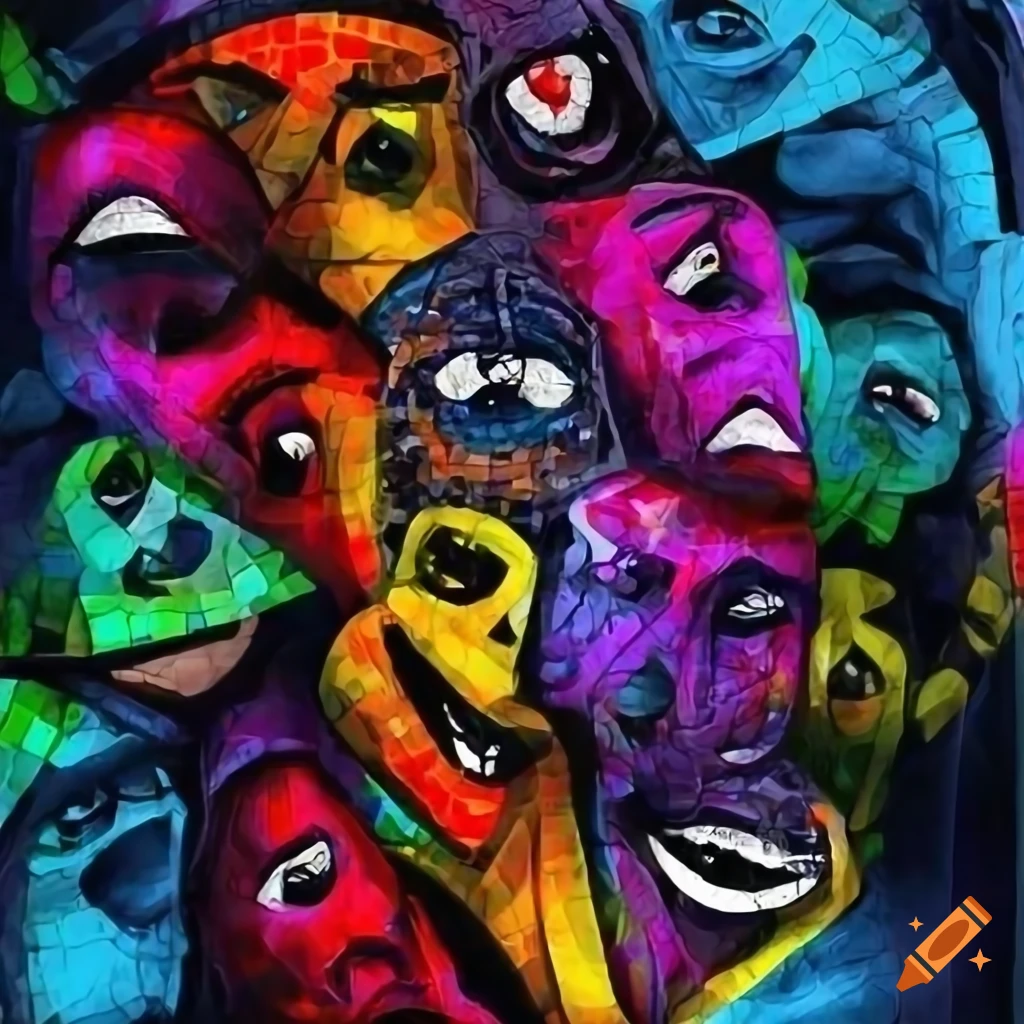 Abstract art piece featuring mosaic of various facial expressions on ...