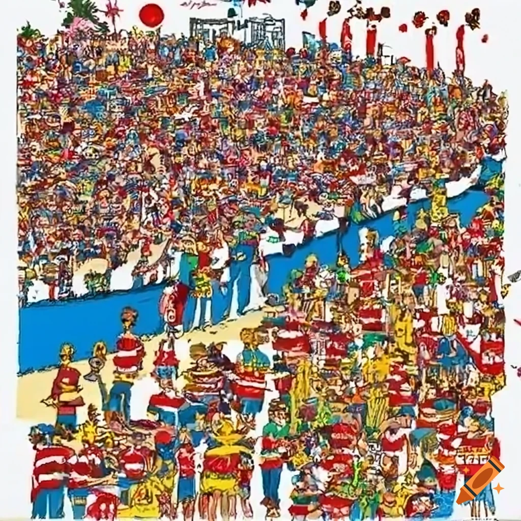 Politician blending in with cartoon character crowd scene on Craiyon