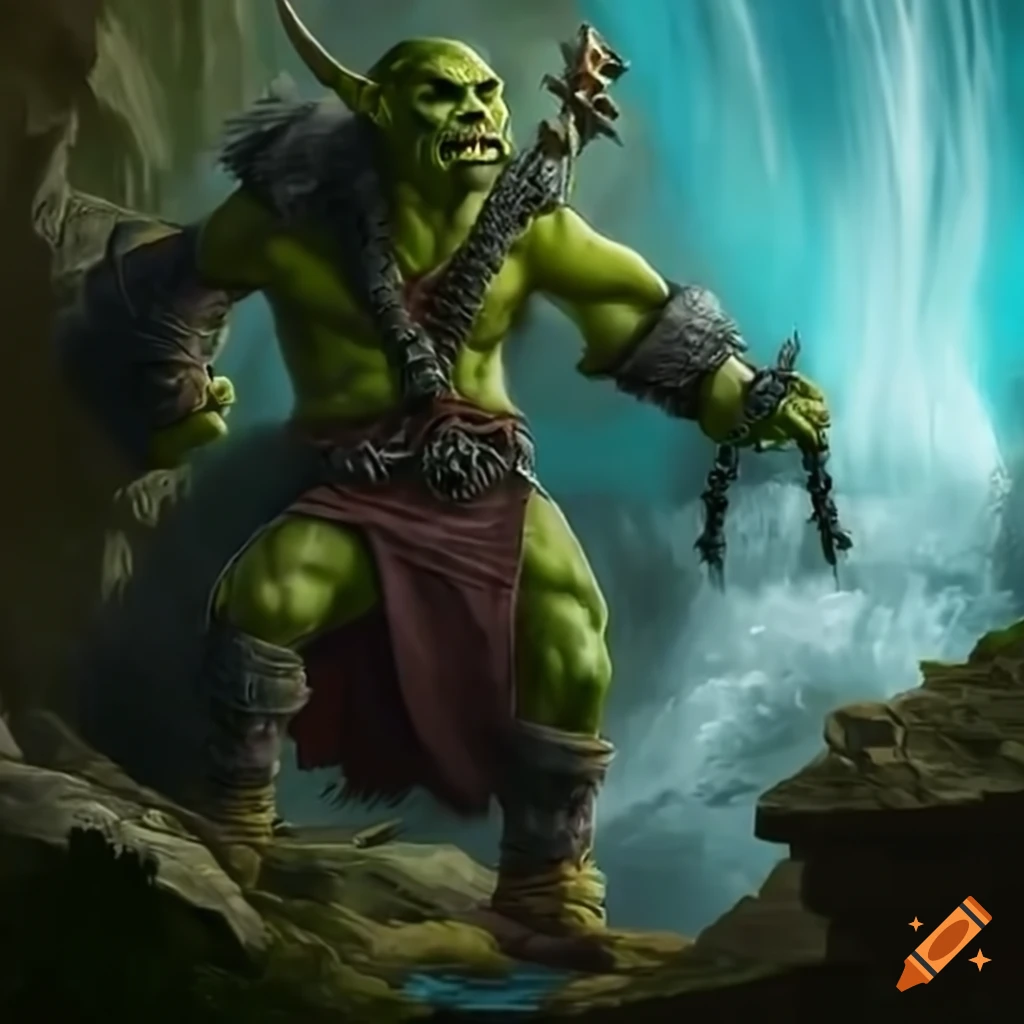 Battle orc fighting wizard on top of waterfall amid ruins on Craiyon