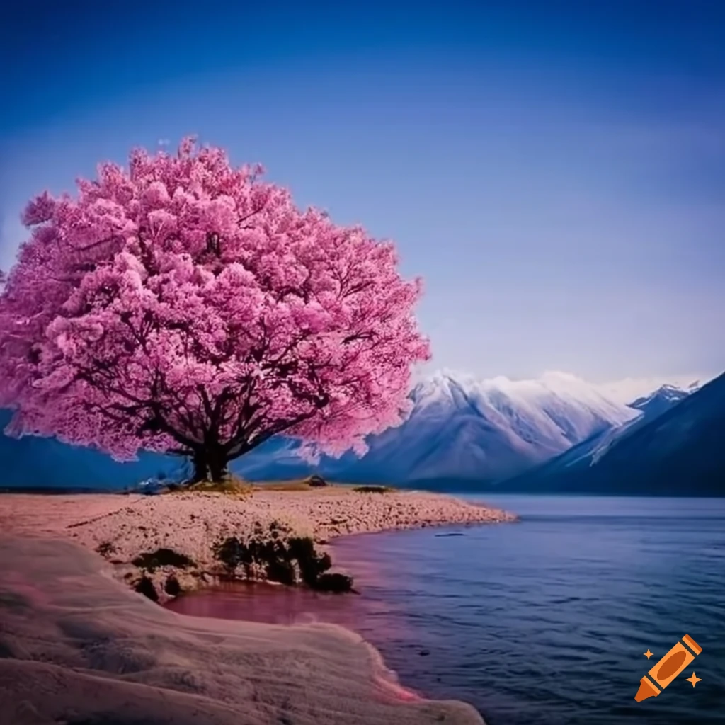 Big Sakura tree with light pink flowers in a New Zealand landscape with ...