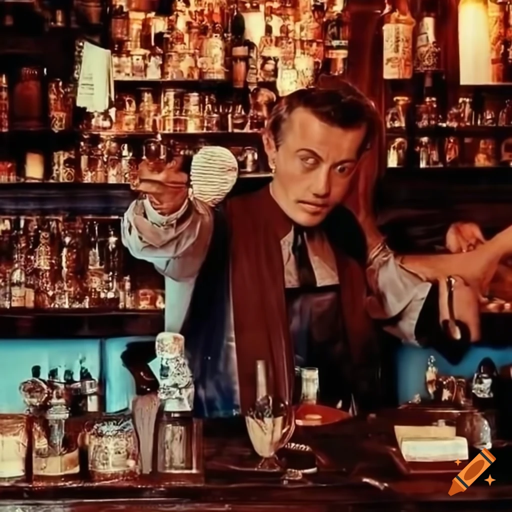 Vintage 1950s bartender behind a bar doing bartending on Craiyon