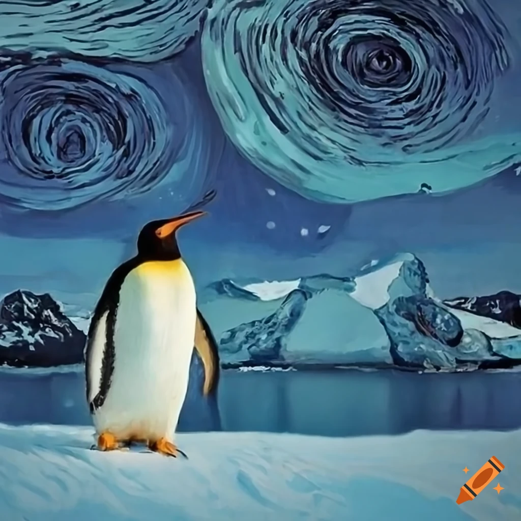 Antarctic penguins in a van gogh style painting on Craiyon