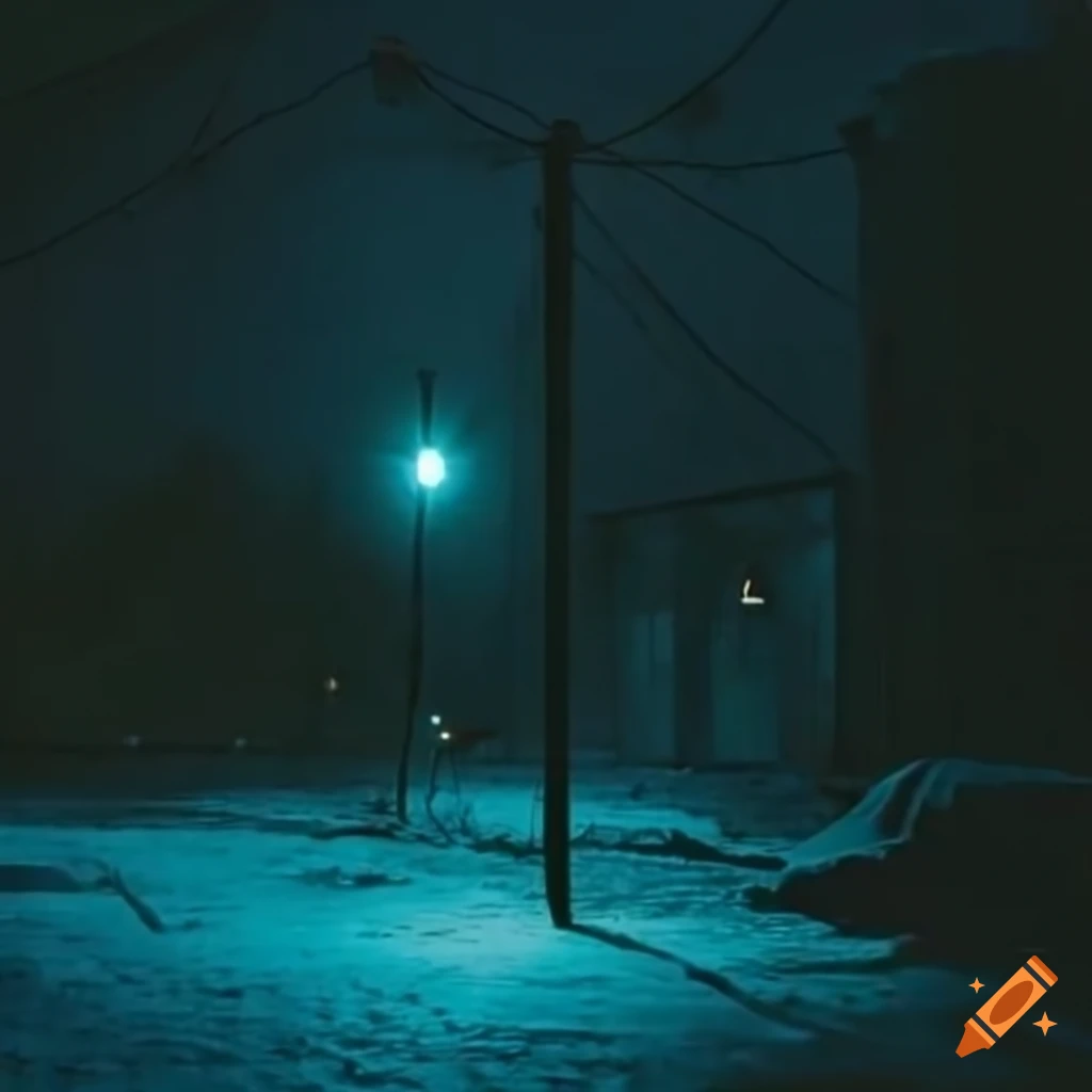 Nighttime liminal space with glowing house and telephone poles on Craiyon