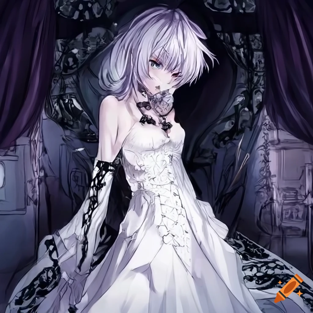 Goth anime woman in white dress and black boots on Craiyon