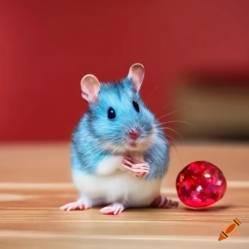 Blue hamster with red ruby stone drinking from a cup of tea on Craiyon