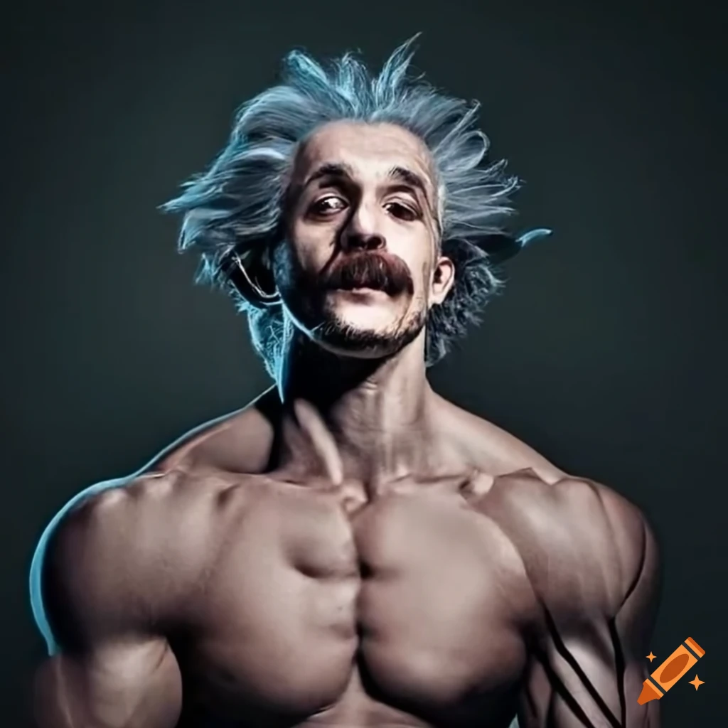 Creative portrayal of Albert Einstein as a bodybuilder strutting like a supermodel on Craiyon
