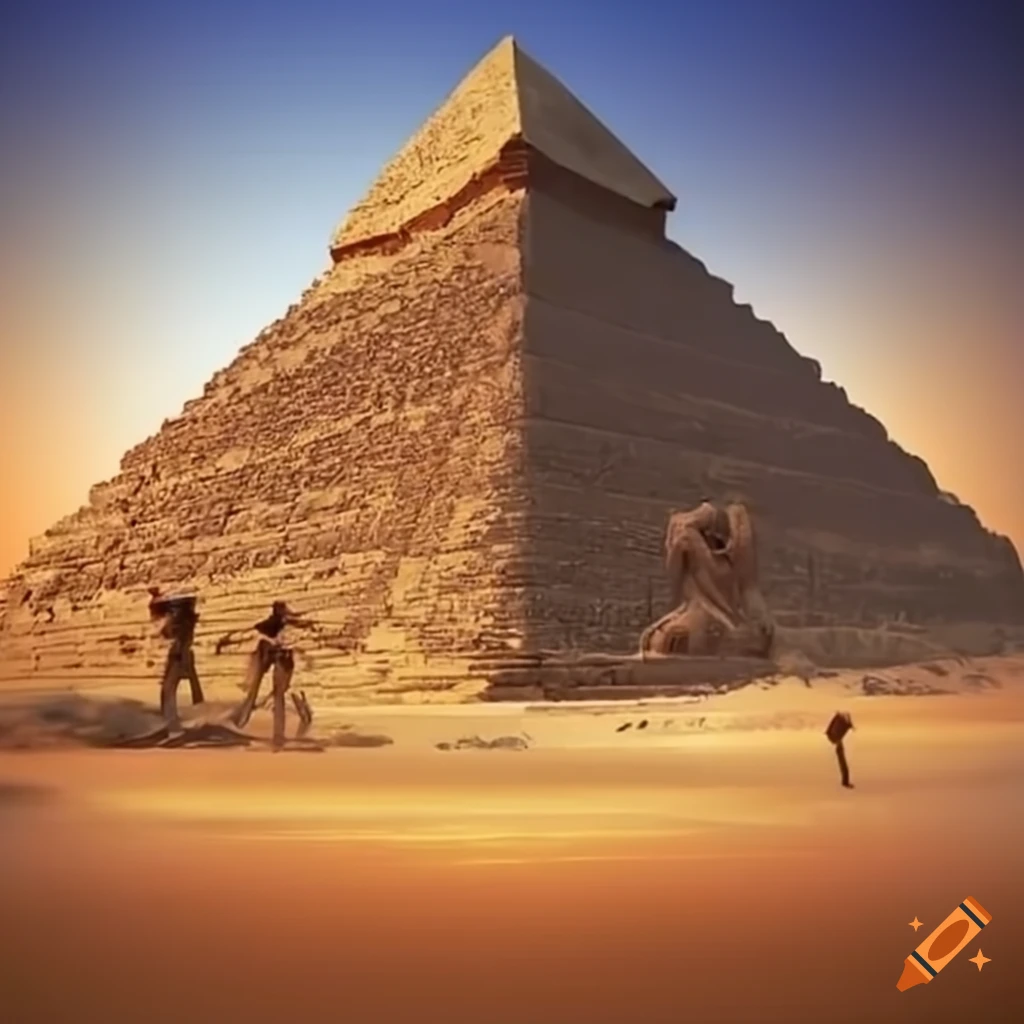 Ancient people constructing a pyramid on Craiyon