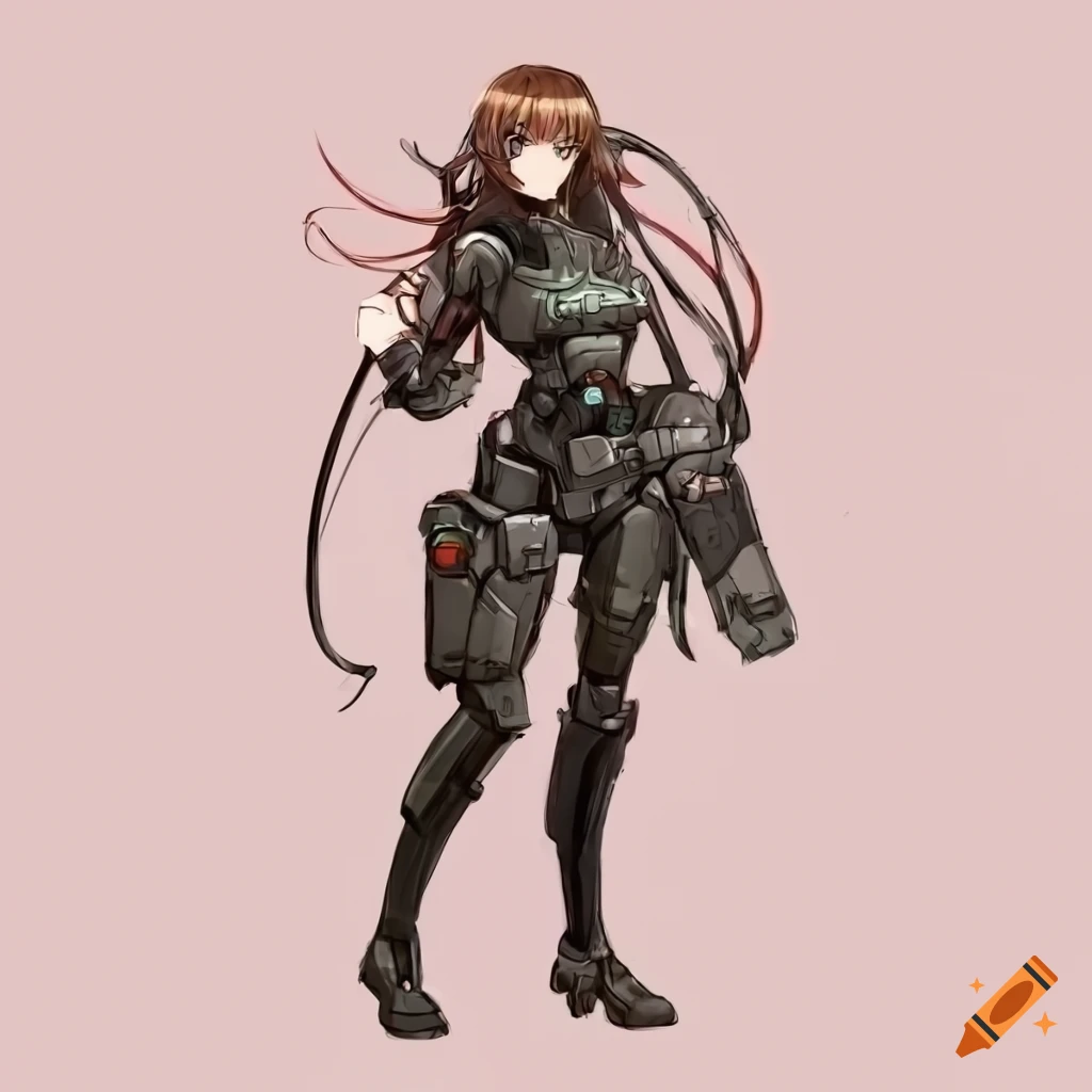 Anime mech pilot with long brown hair and blue eyes in a black outfit ...