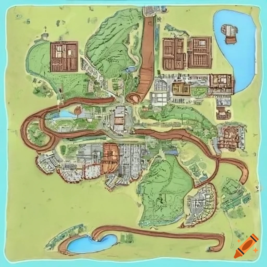 Town map layout surrounded by parks, rivers, lakes, and pathways on Craiyon