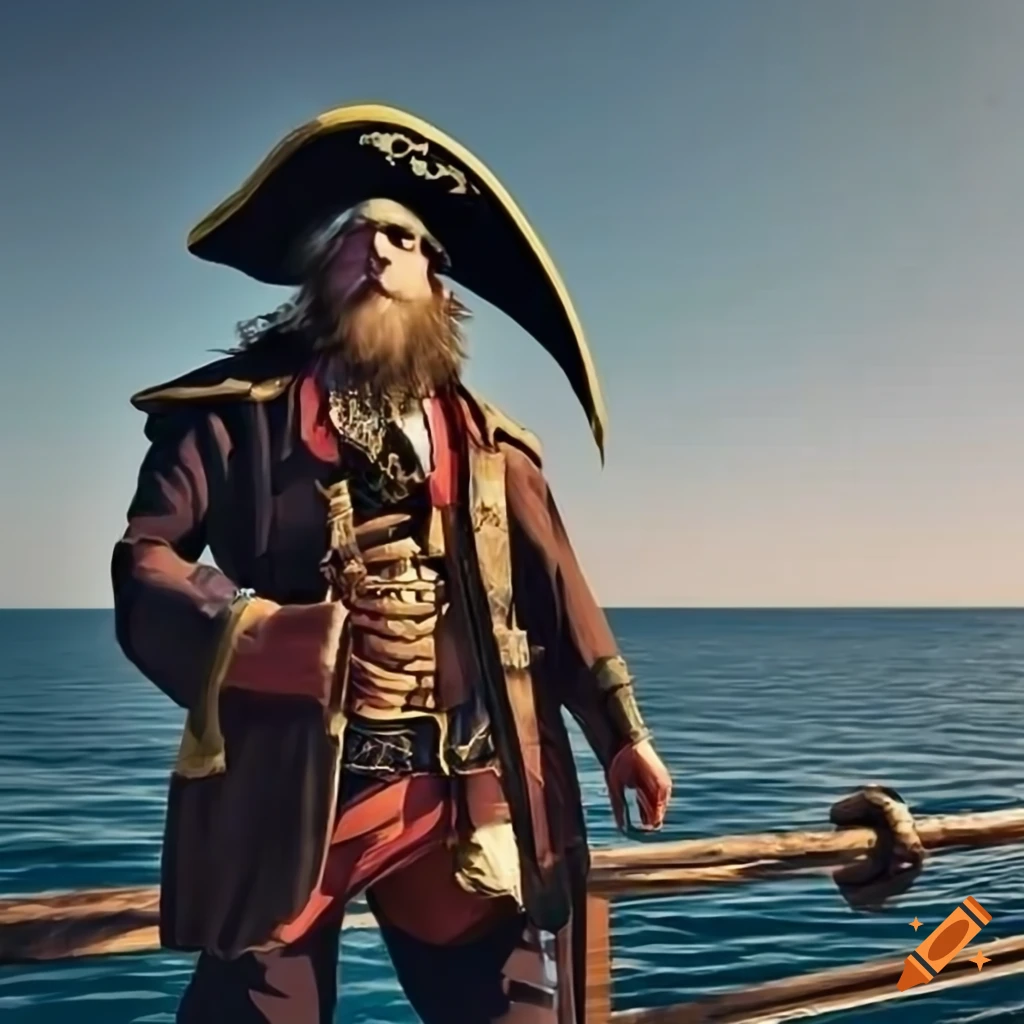 Fearless pirate captain on deck with open sea on a sunny afternoon on ...