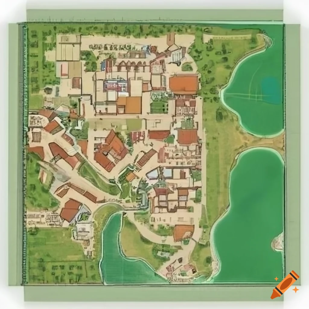 Town map layout surrounded by parks, rivers, lakes, and pathways on Craiyon