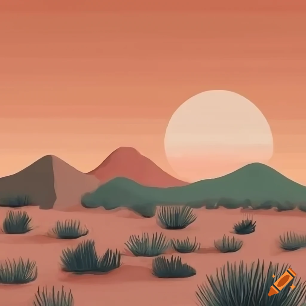 Boho minimalist desert landscape painting with saguaros at sunset on ...