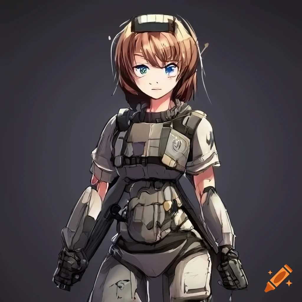 Anime mech pilot with long brown hair and piercing blue eyes in a black ...