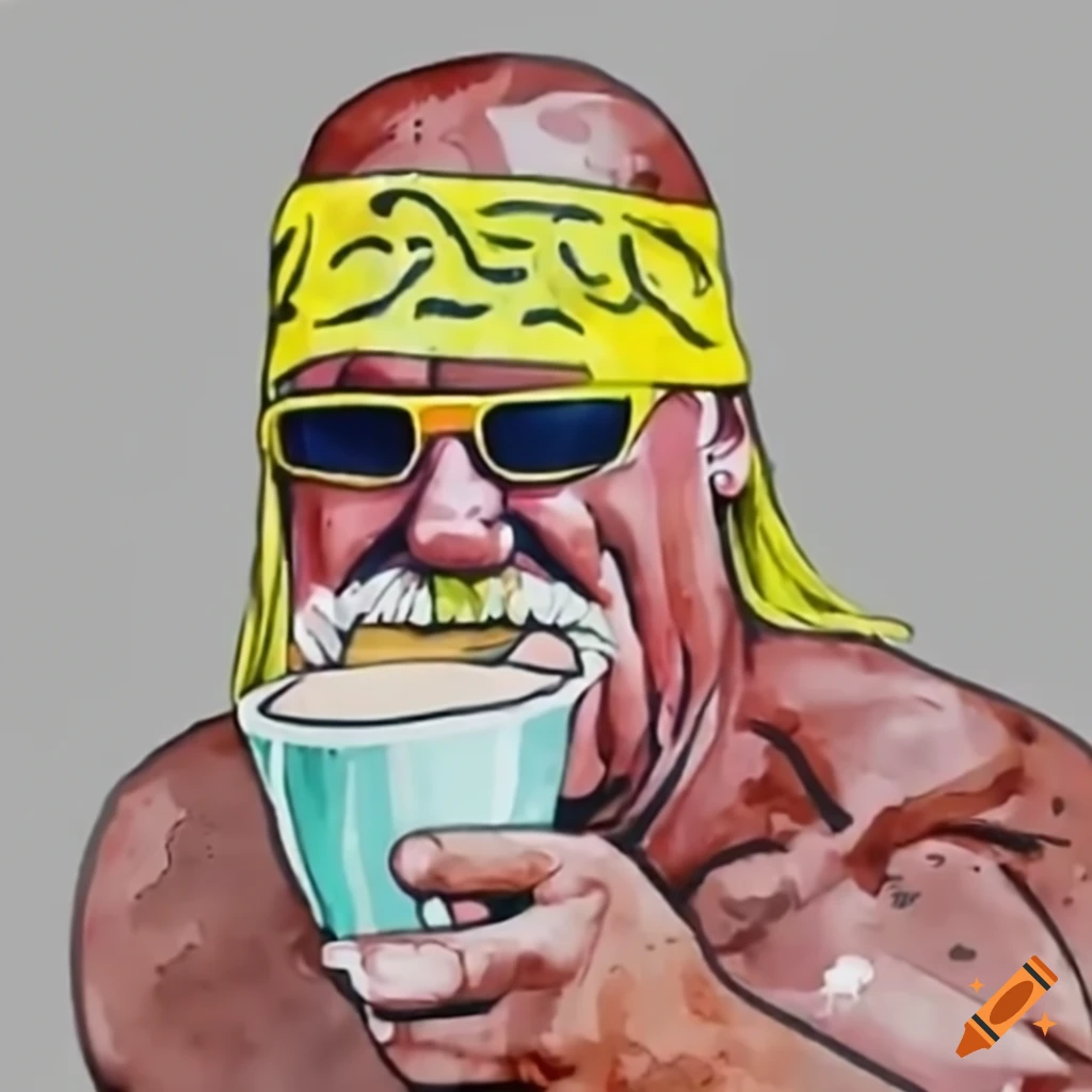 Hulk Hogan enjoying a latte with a big smile on Craiyon