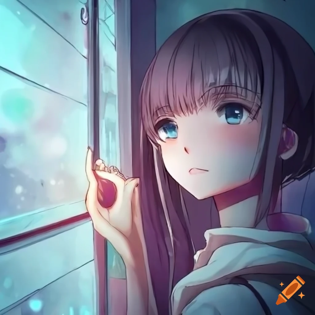 Anime girl looking out a window on Craiyon