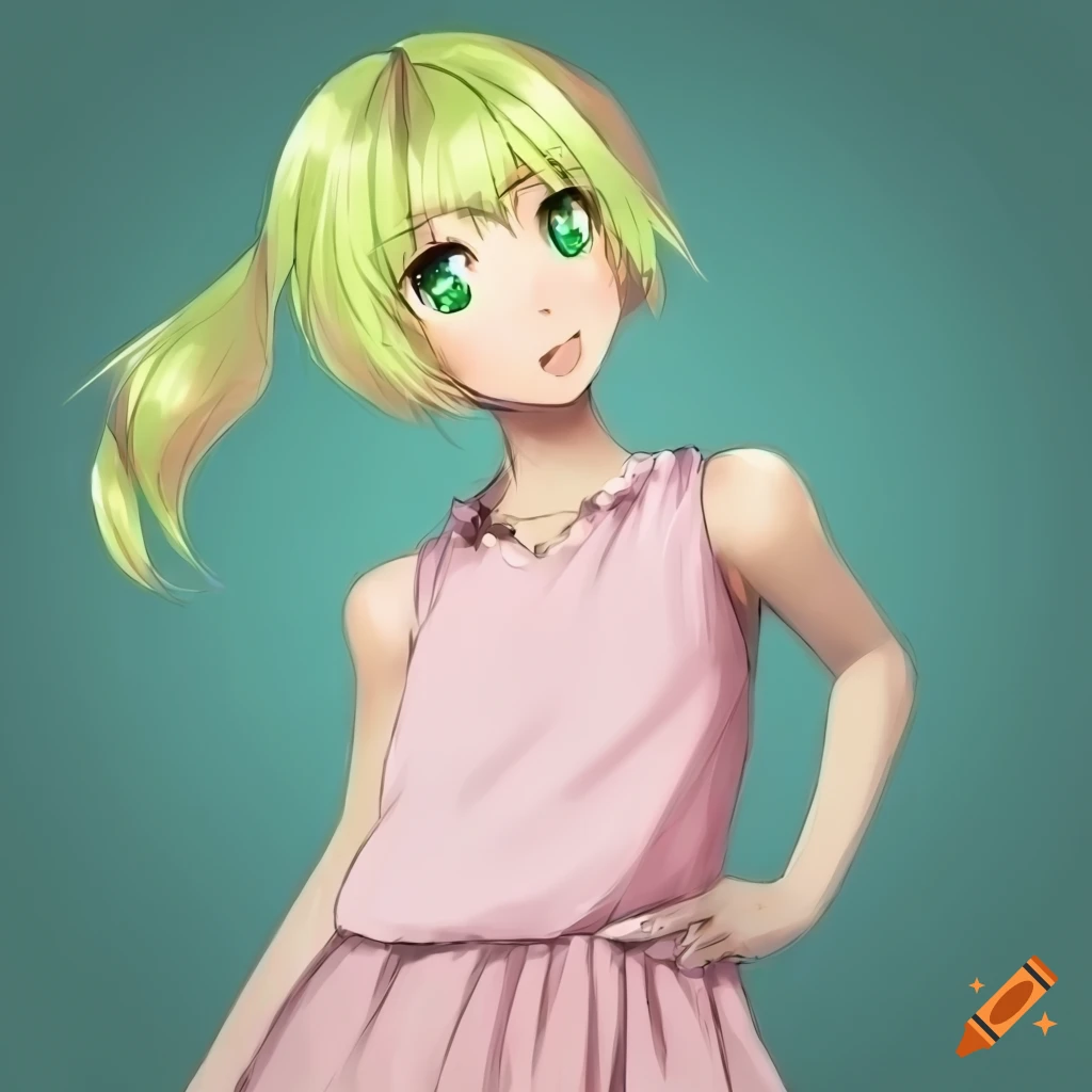 Anime Girl With Blonde Hair Blunt Bangs And Green Eyes In A Pink Shirt On Craiyon