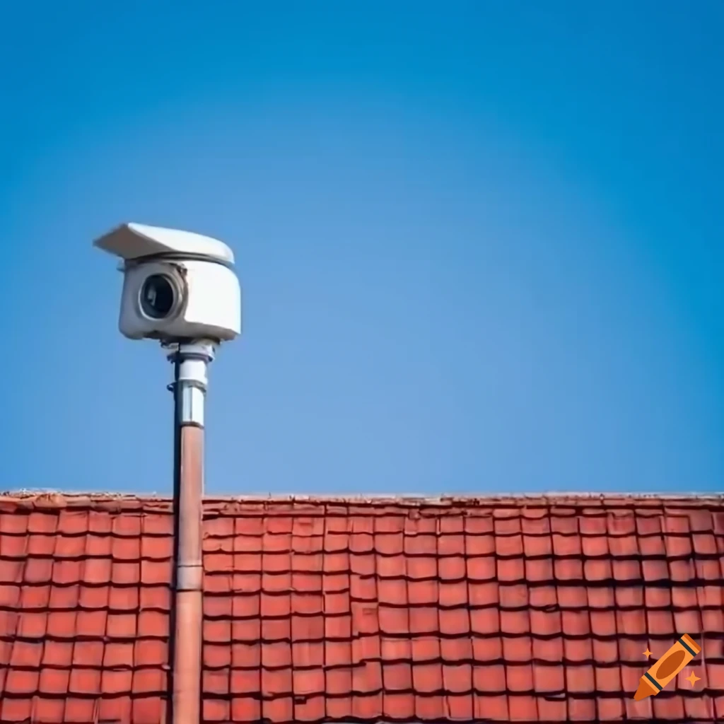 Red tiled rooftop with security camera under a blue sky on Craiyon