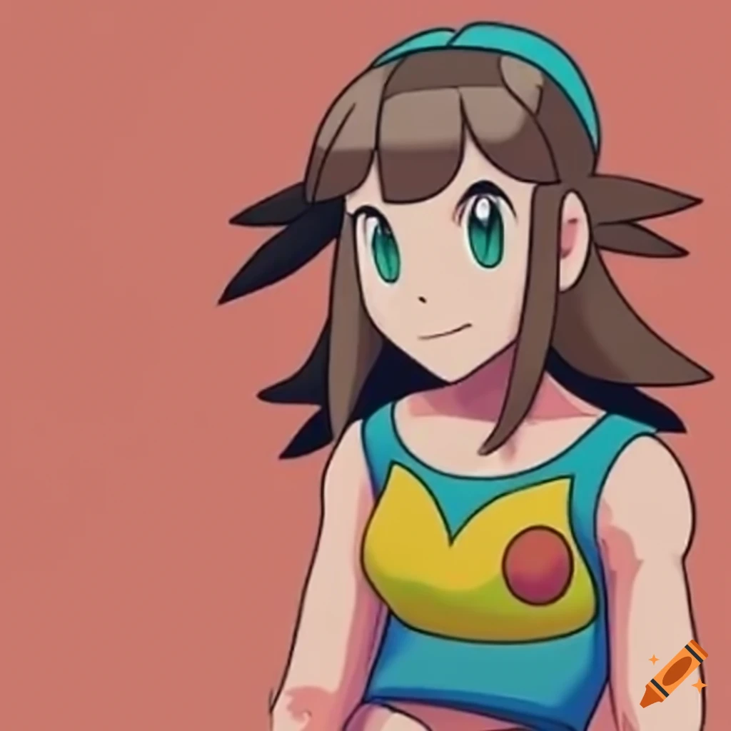 May from pokémon with gray hair, brown skin, electric blue crop top ...