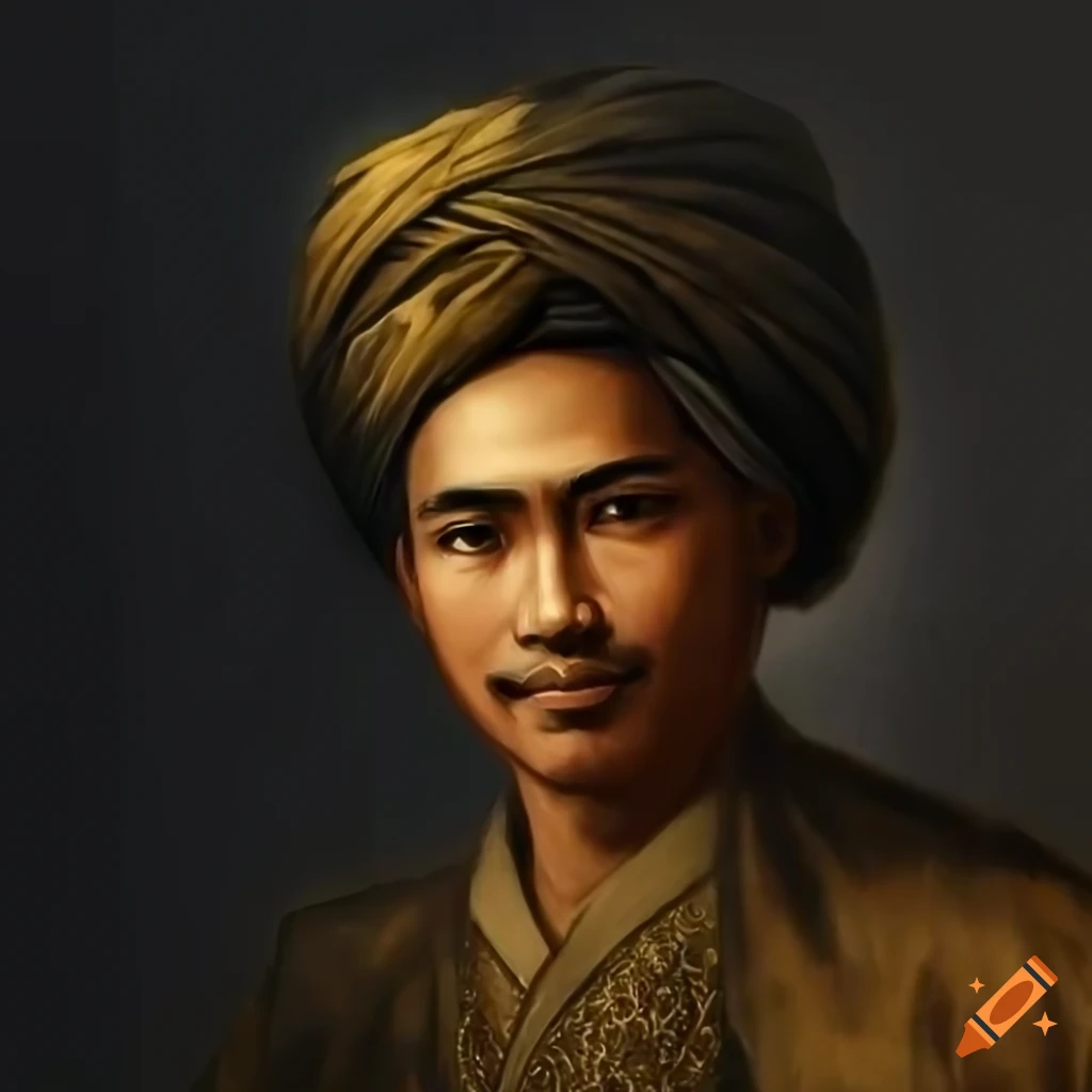 Historical portrait of a handsome Indonesian man in sarung and turban ...