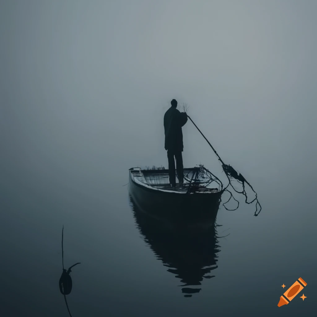 Fisherman's shadow on boat in foggy lake with fishing rod on Craiyon