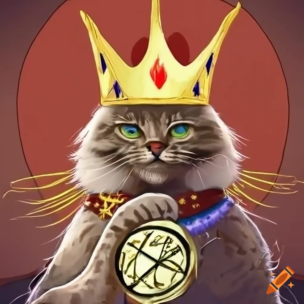 Cat king holding a pentacle in a drawing on Craiyon
