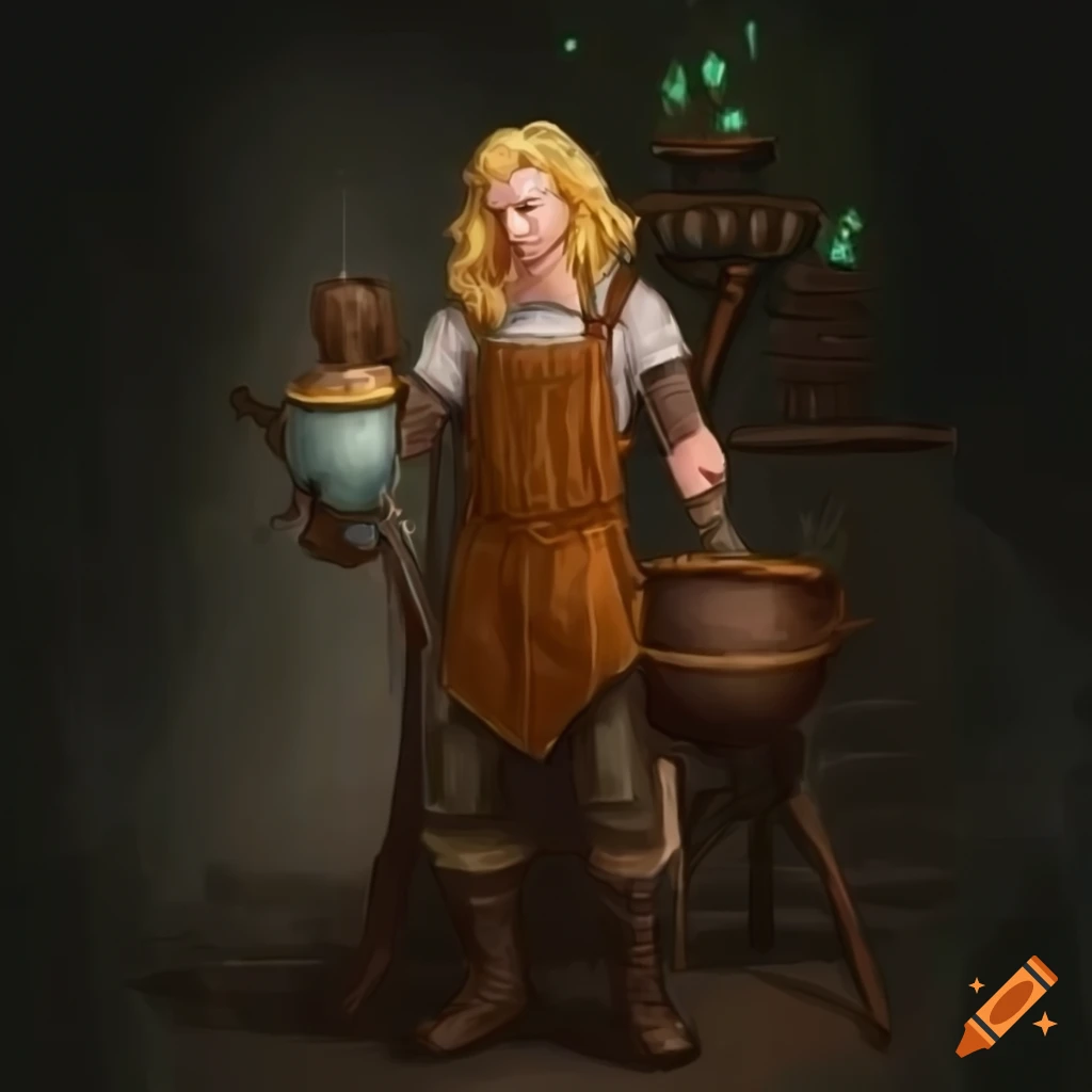 Male half-elf alchemist crafting a potion next to a cauldron on Craiyon