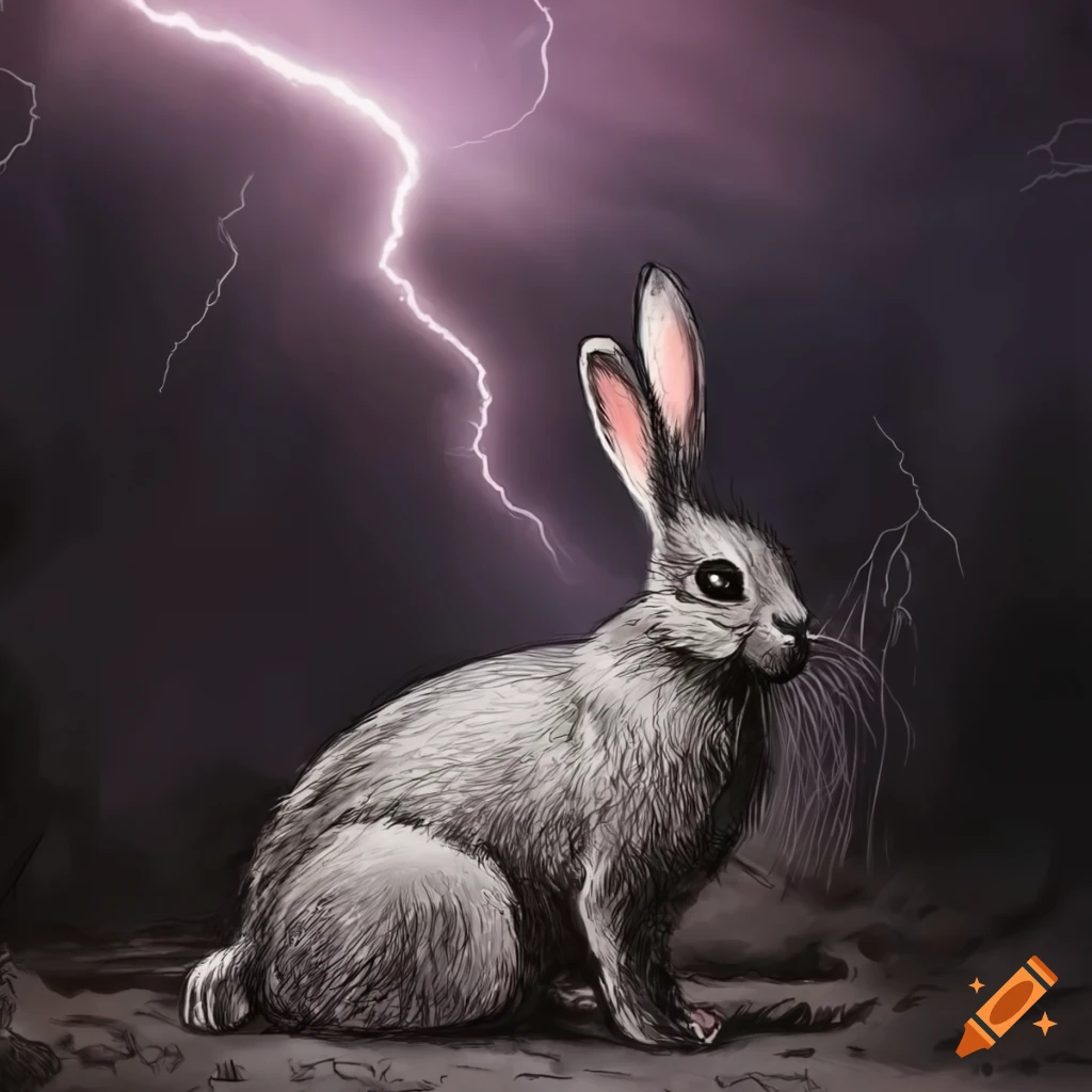 Eerie drawing of a rabbit with a lightning storm backdrop on Craiyon
