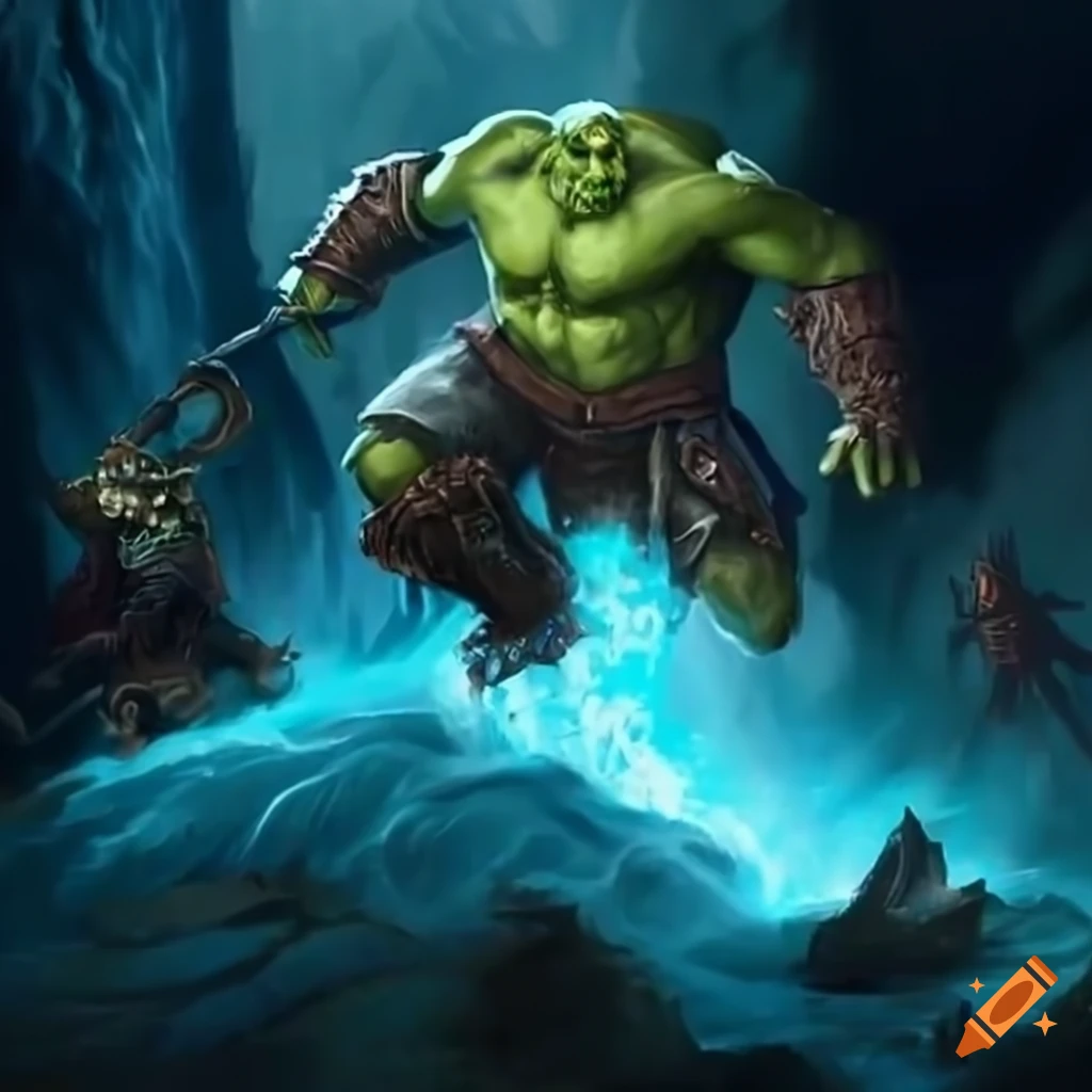 Epic clash between an orc warrior and a wizard on a thunderous ...