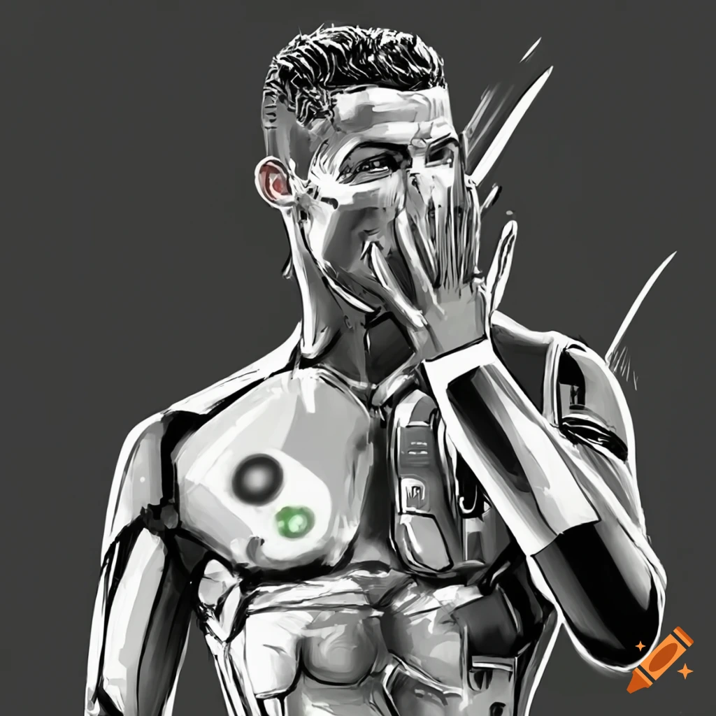 Cristiano ronaldo with a robot head performing a skill move on Craiyon