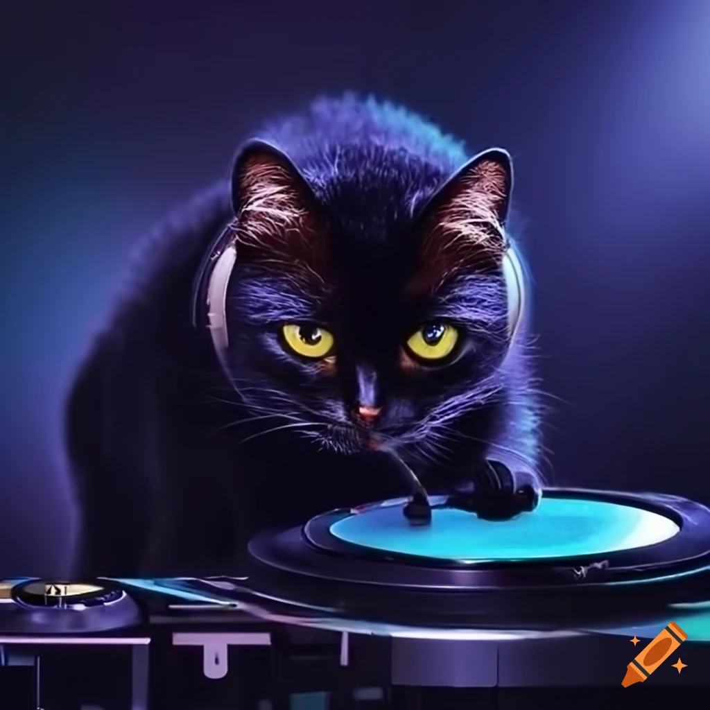 Black cat DJ spinning turntables with headphones on Craiyon