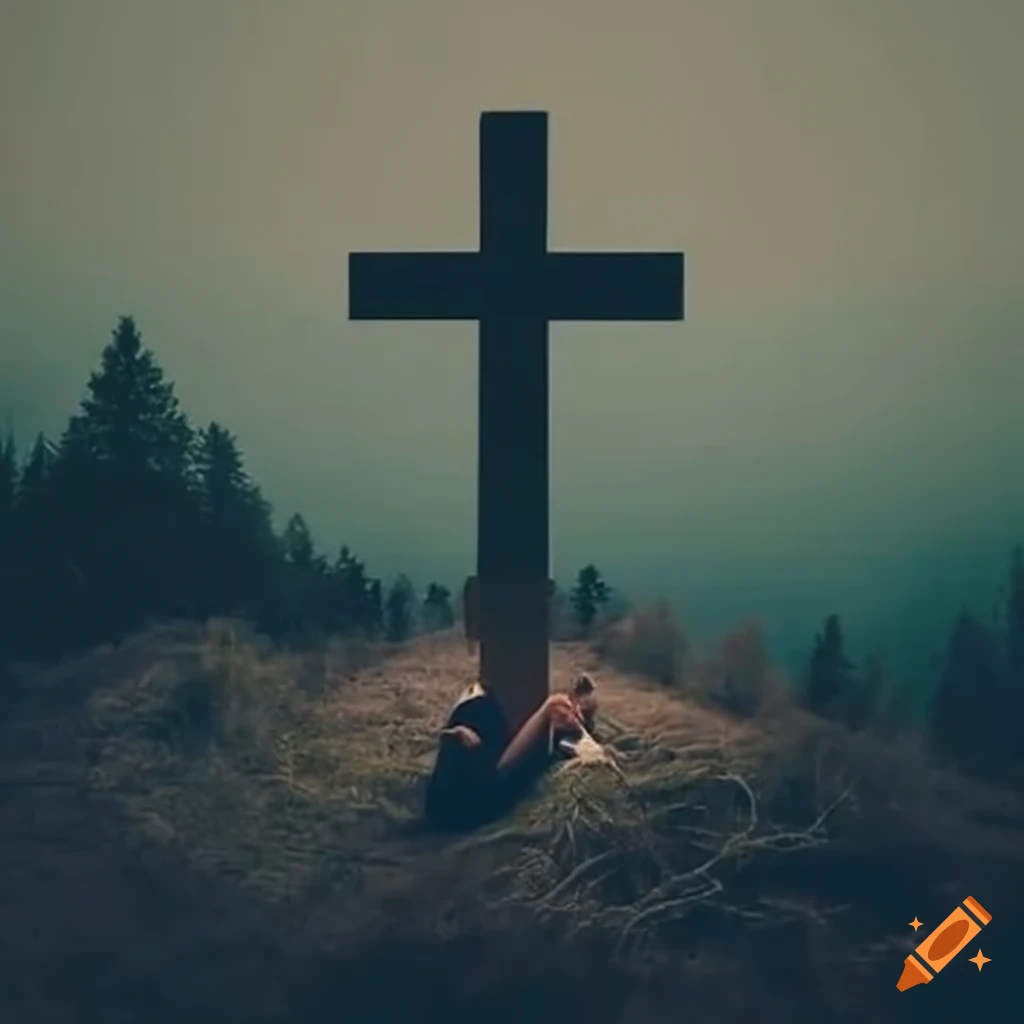 People repenting and looking at a cross on a hill on Craiyon