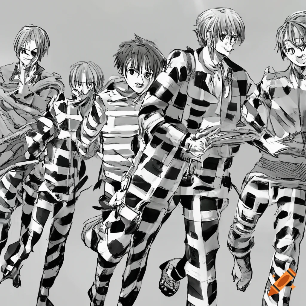 Group escaping from a prison in manga style, black and white on Craiyon