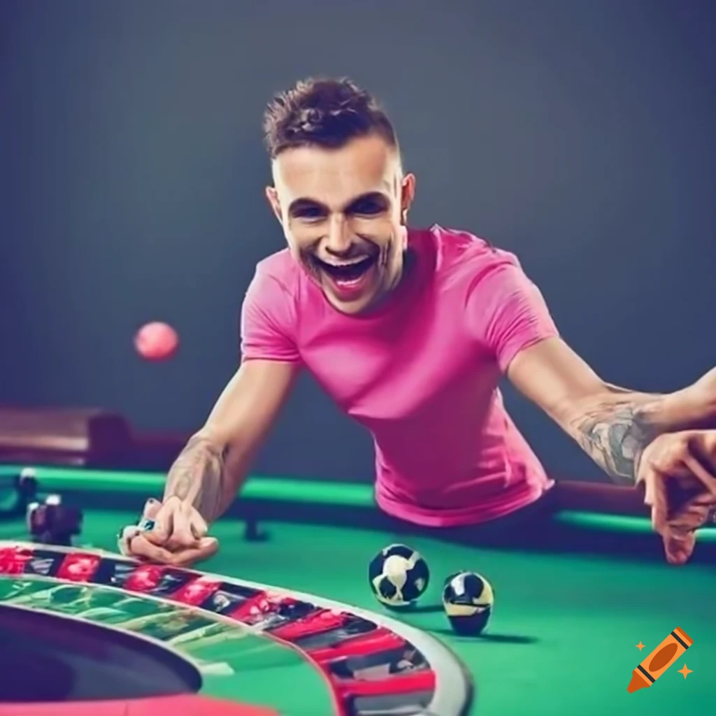 Cheerful men in pink football t-shirts having fun at a roulette table ...