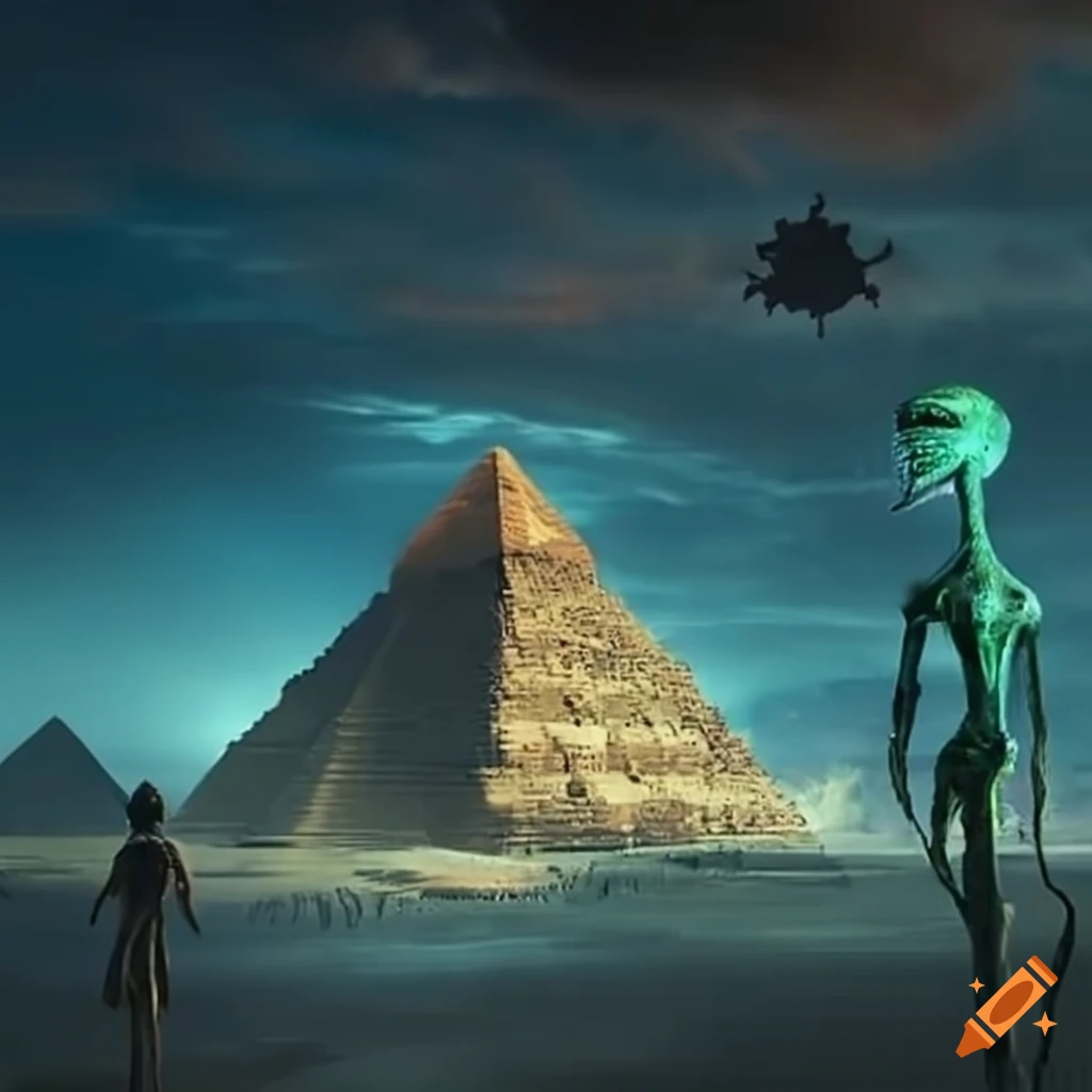 Aliens constructing the ancient pyramids on Craiyon