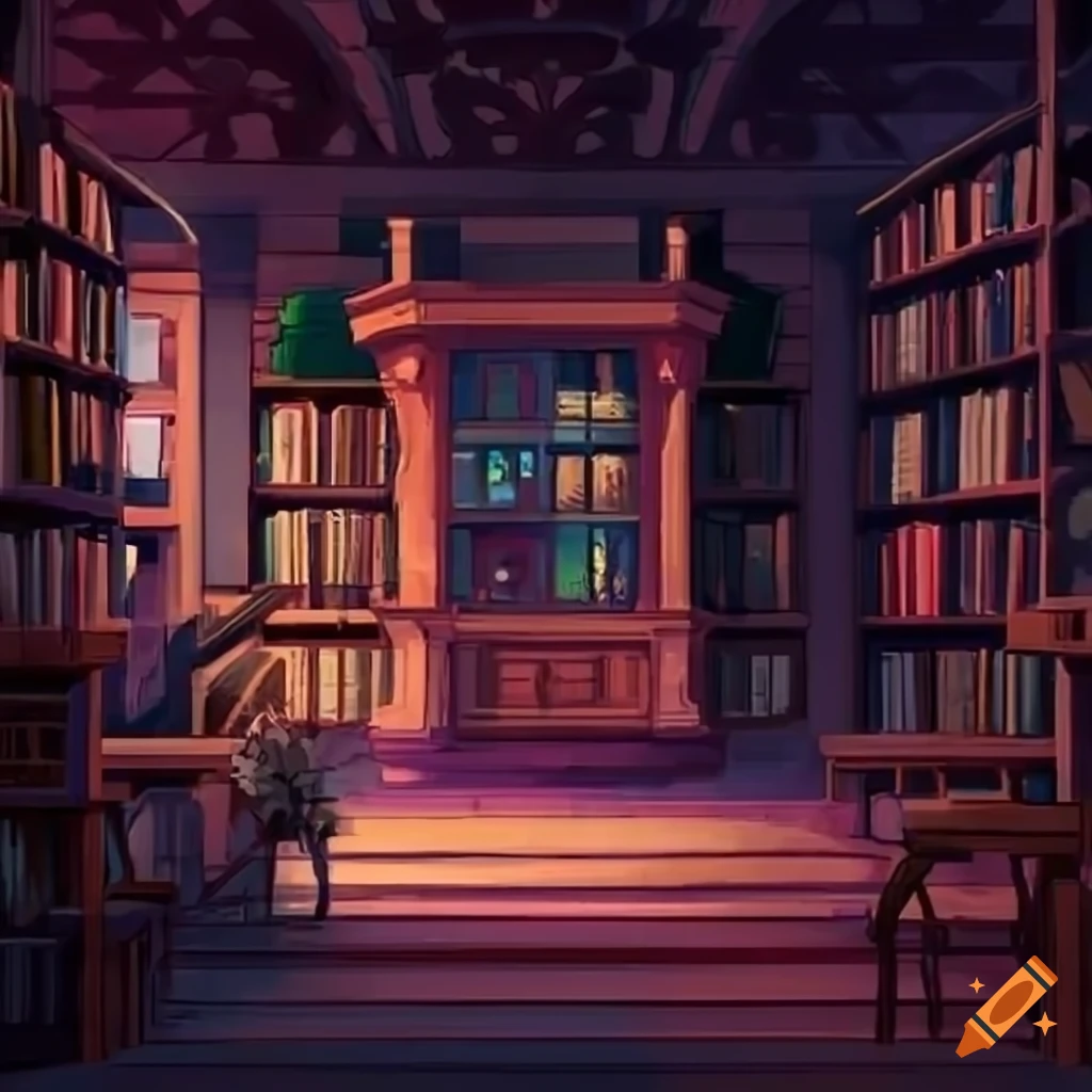 Calm anime library background on Craiyon