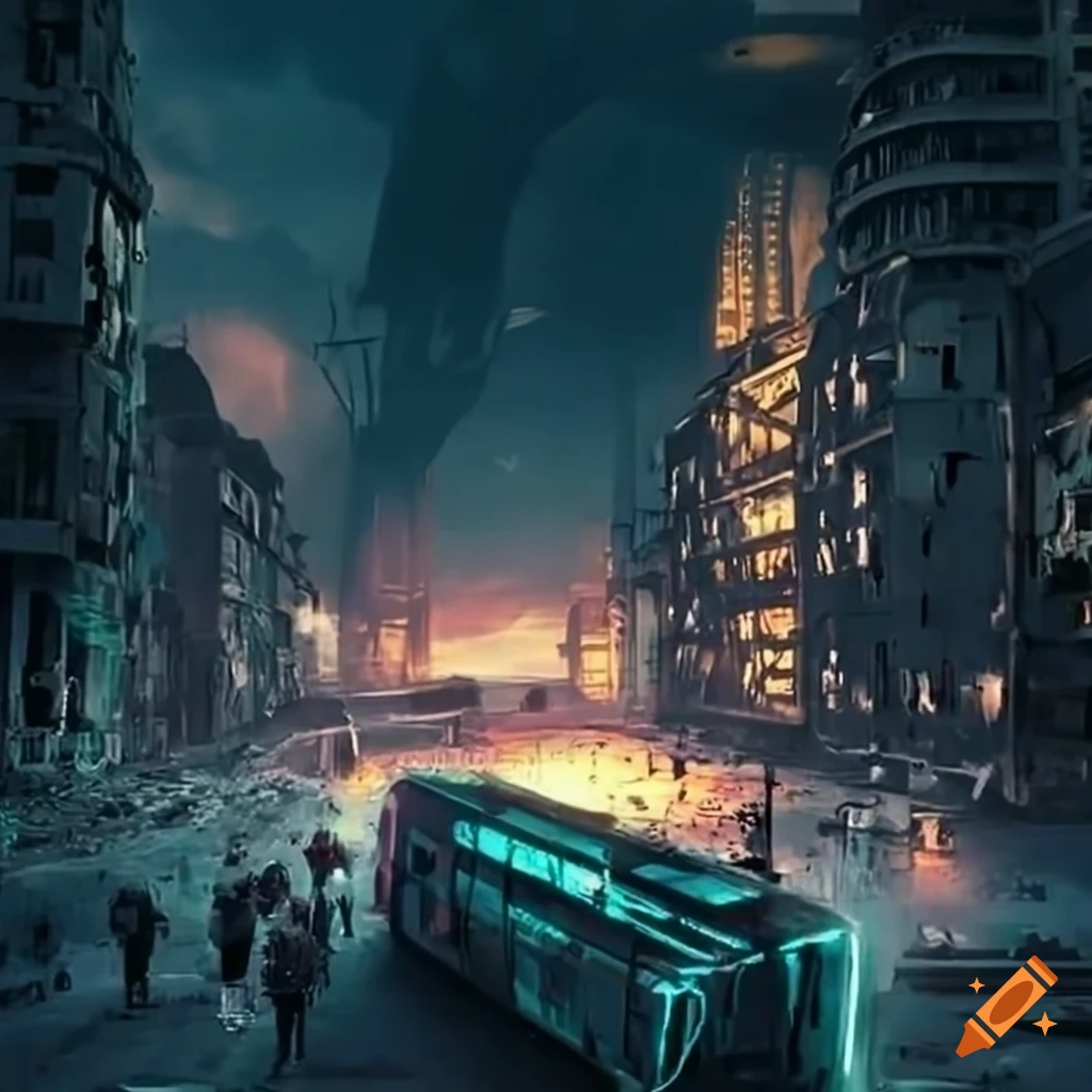 Futuristic broken down bus in a bombarded city setting on Craiyon