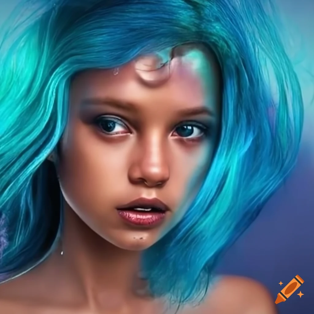 Young mermaid with brown skin and blue waves in her hair on Craiyon