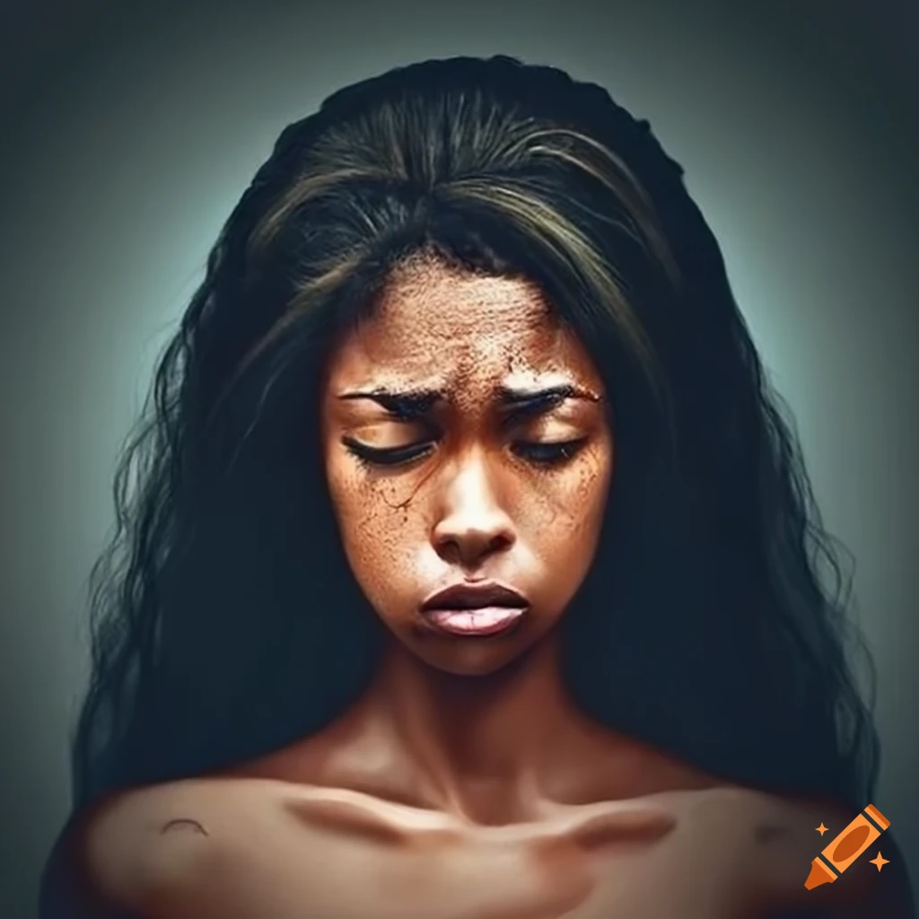 Black woman expressing despair and sadness with long black hair on Craiyon