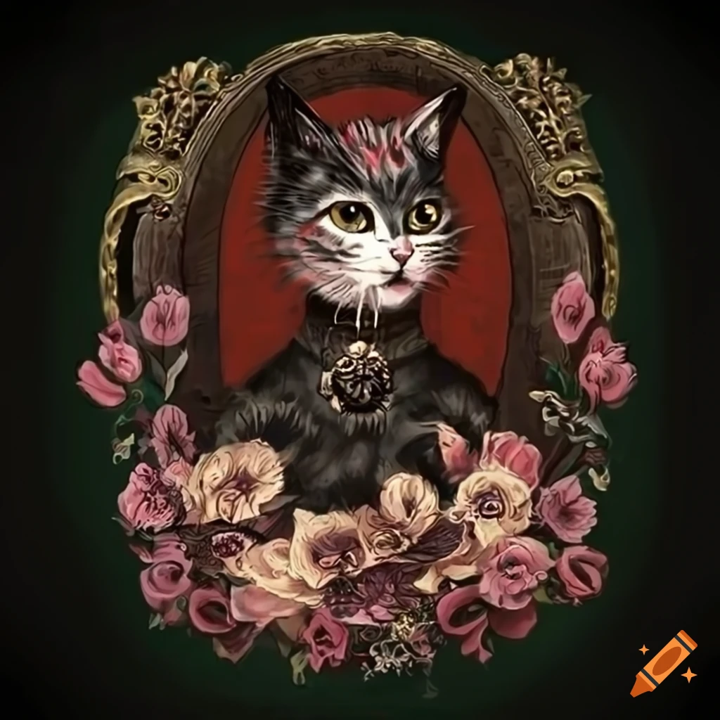 Floral gothic cats and treasure chest in high definition drawing on Craiyon