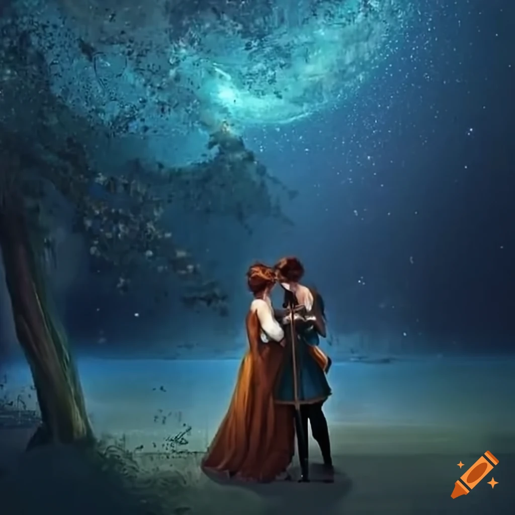 Romantic moment between Romeo and Juliet under the night sky with a ...