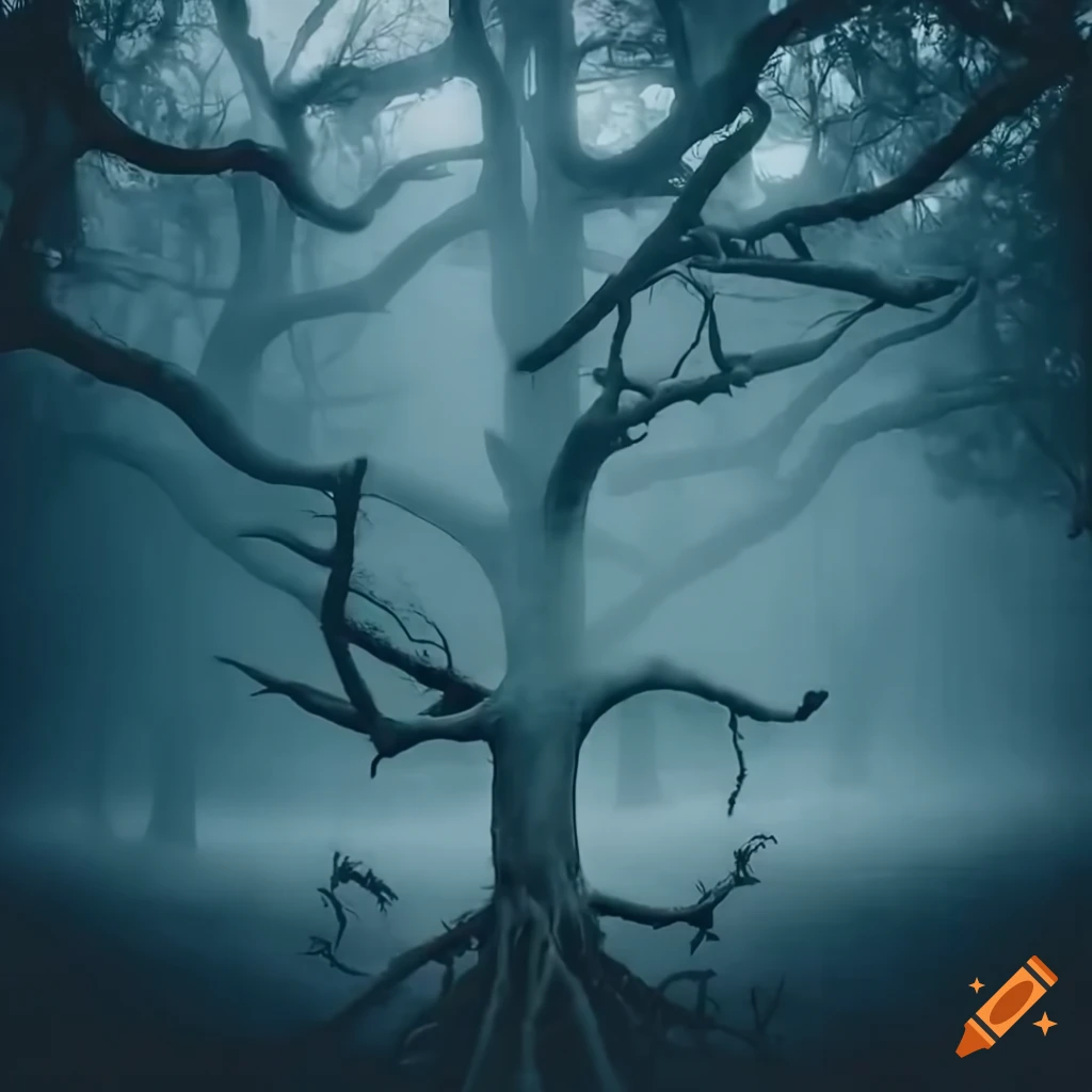 Ominous mist with old tree roots resembling arms and hands in a spooky ...