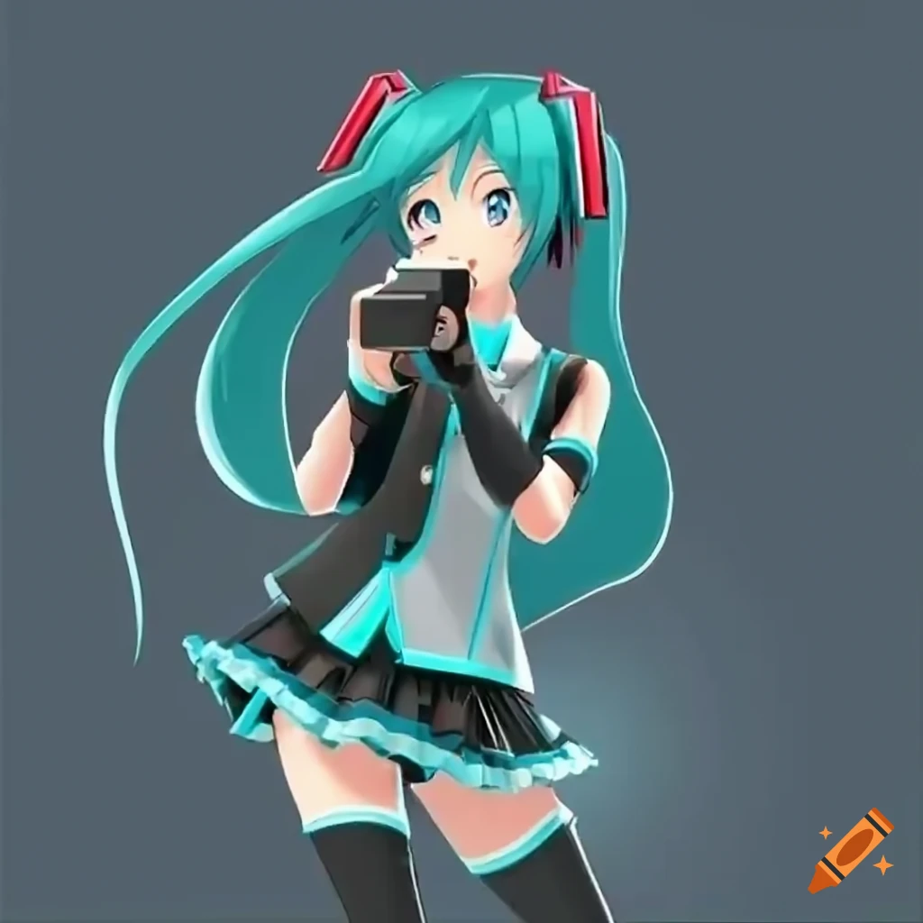 Anime style illustration of hatsune miku holding a smartphone on Craiyon