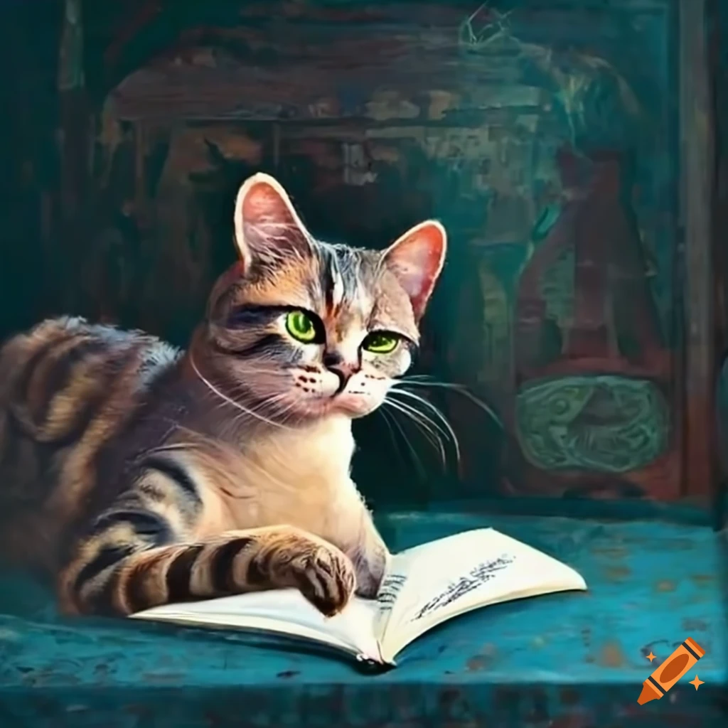 Cat reading a book on Craiyon