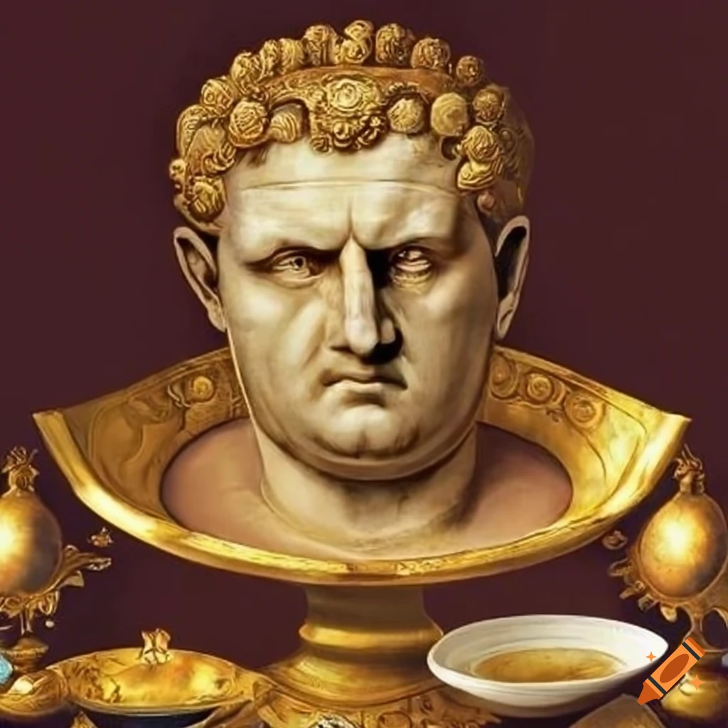 Emperor Vitellius surrounded by lavish dishes and gold decoration on ...