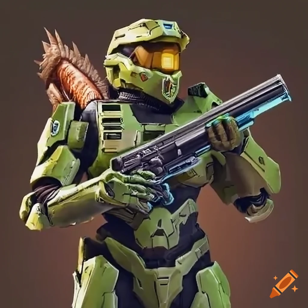 Master chief riding a stegasaurus with a wild-west style pistol on Craiyon