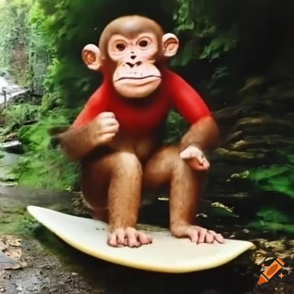 Jim jim the monkey boy surfing in a hellish environment on Craiyon