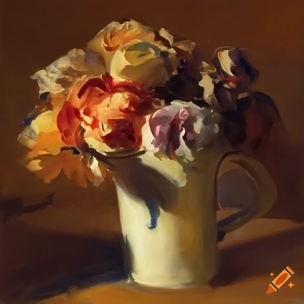 Still life art in the style of John Singer Sargent with overhead ...