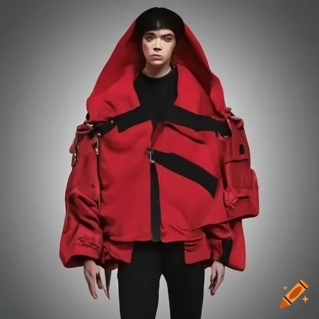 Unique red jacket with strap details by rick owens on Craiyon